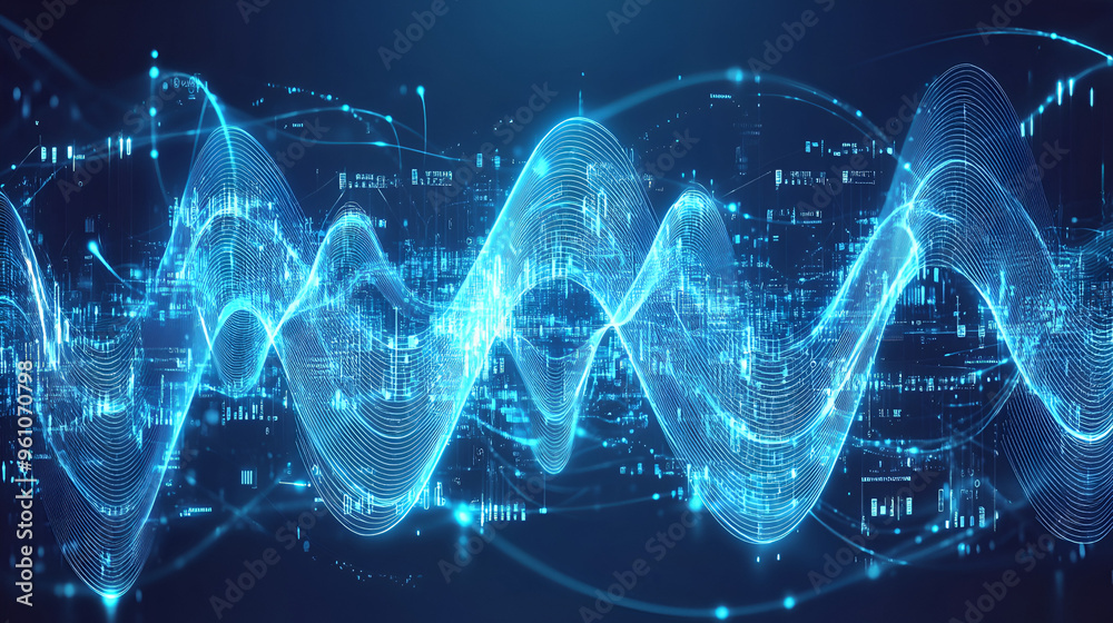 Futuristic blue sound wave visualization depicting an equalizers ...