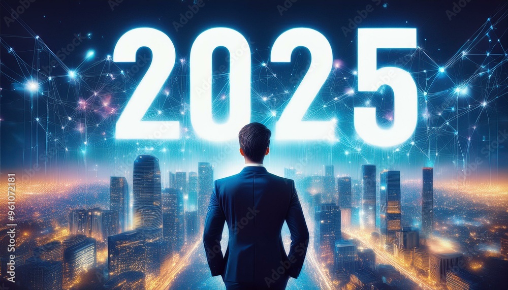 Businessman look at 2025 letter over blur celebrating sky lights ...