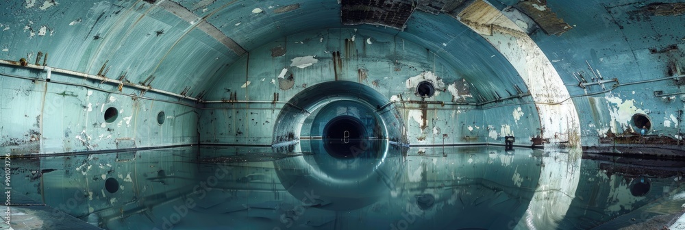 Flooded arched chamber in a derelict Soviet bunker reserve command ...
