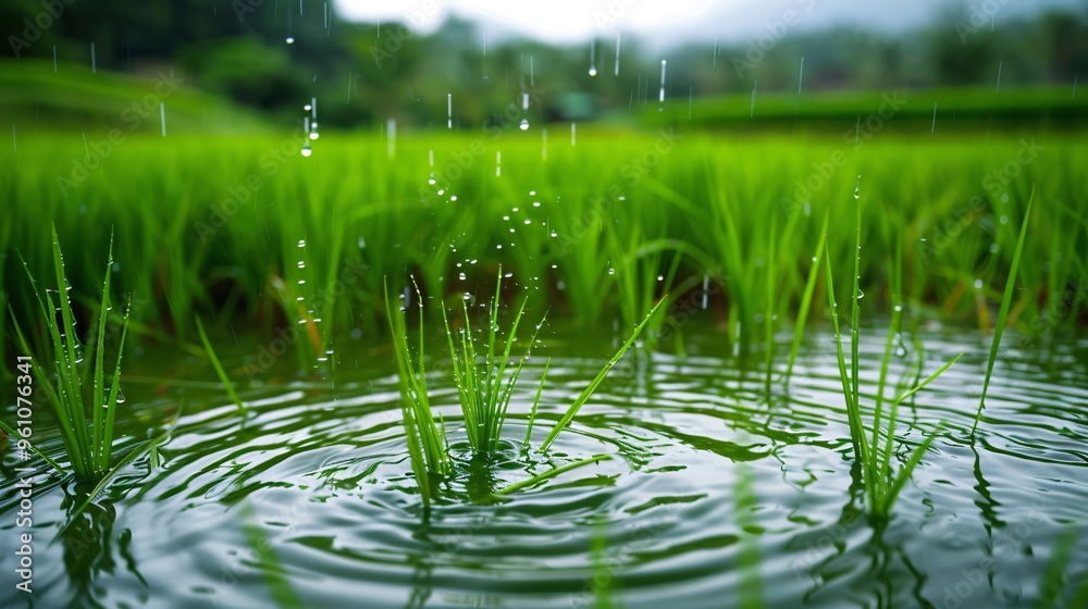 64. Macro shot of raindrops falling on bright green rice paddies, the ...