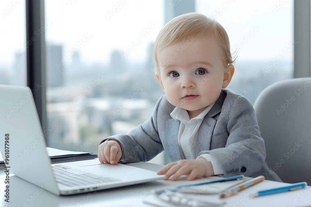 Baby boy boss in a business suit, high rise office, skyline behind ...