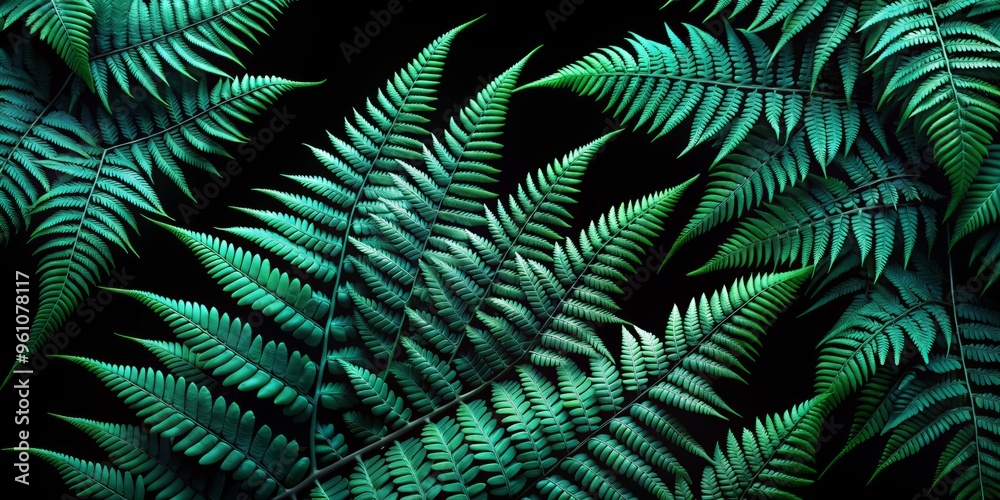 Develop a high-contrast digital artwork featuring dark green ferns with ...