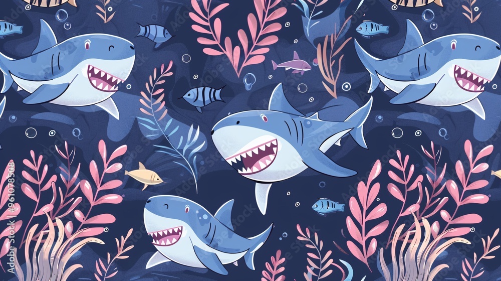 104. Lively underwater world pattern with cute cartoon sharks and ...