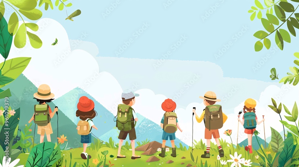 120. Whimsical vector illustration of a summer camp scene with kids ...