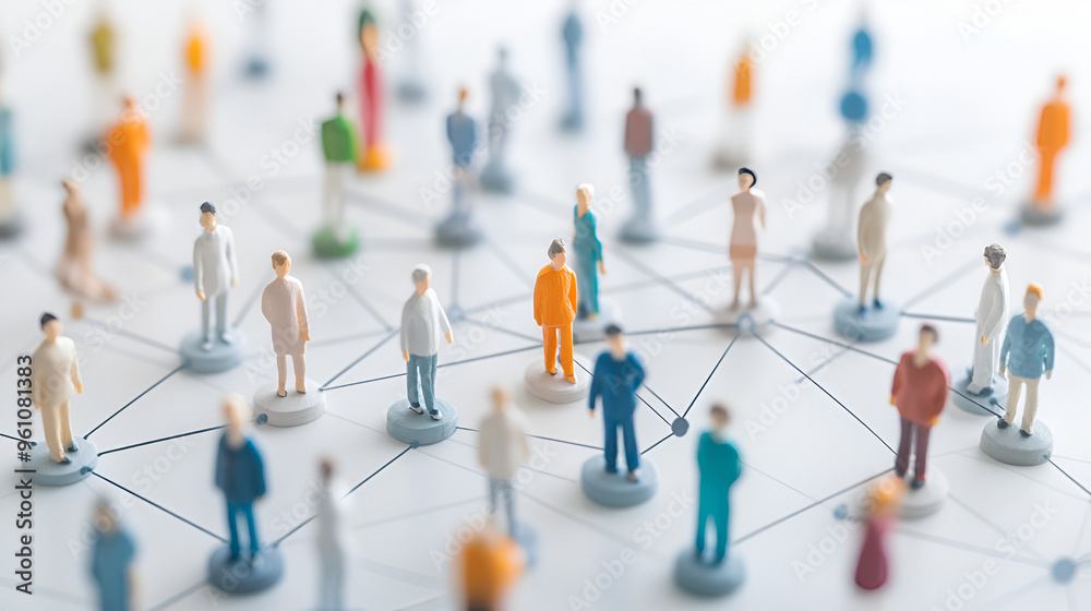 Colorful figurines connected by lines on a network grid illustrating ...
