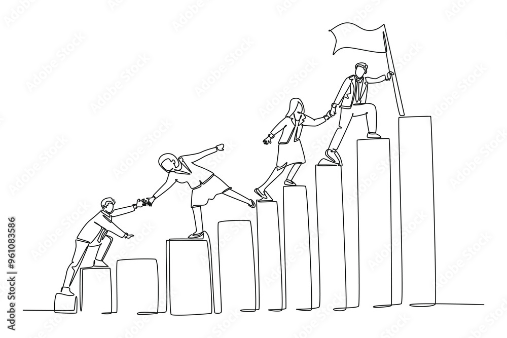 Single continuous line drawing team members holding hands together ...