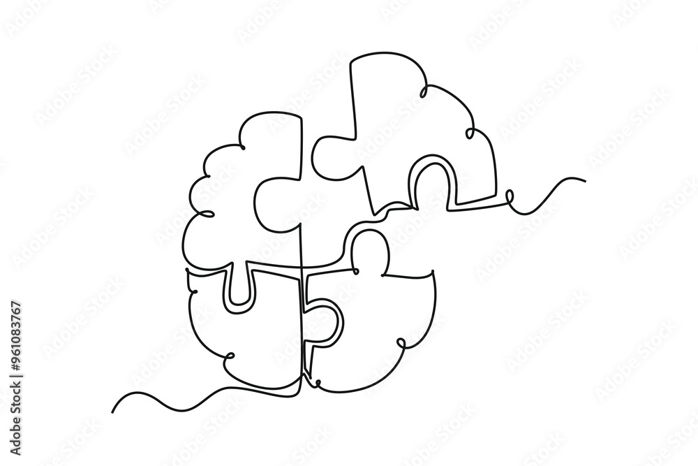 Single one line drawing of human brain forming from piece of puzzles ...