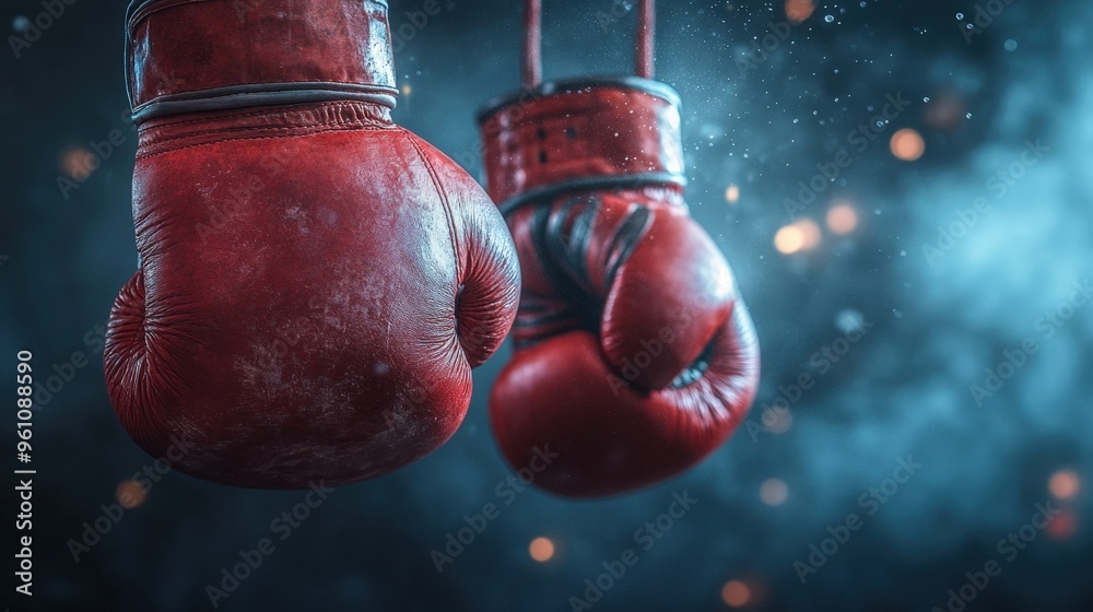 Two boxing gloves making contact with a punching bag, showing force and ...