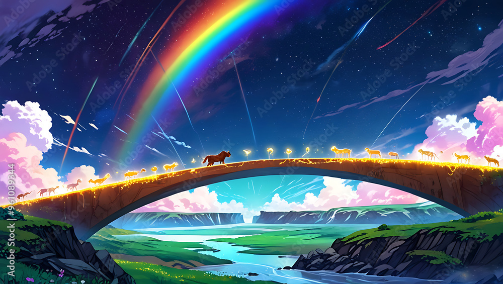 A vibrant digital illustration of Bifröst, the Norse rainbow bridge ...