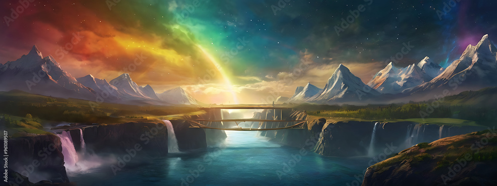 A vibrant digital illustration of Bifröst, the Norse rainbow bridge ...