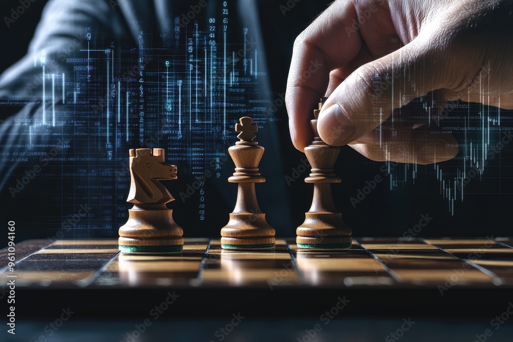 Crop-view of a hand positioning a chess piece on a board, representing ...