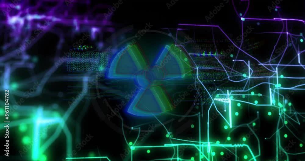 Radiation hazard symbol animation over digital network and data ...