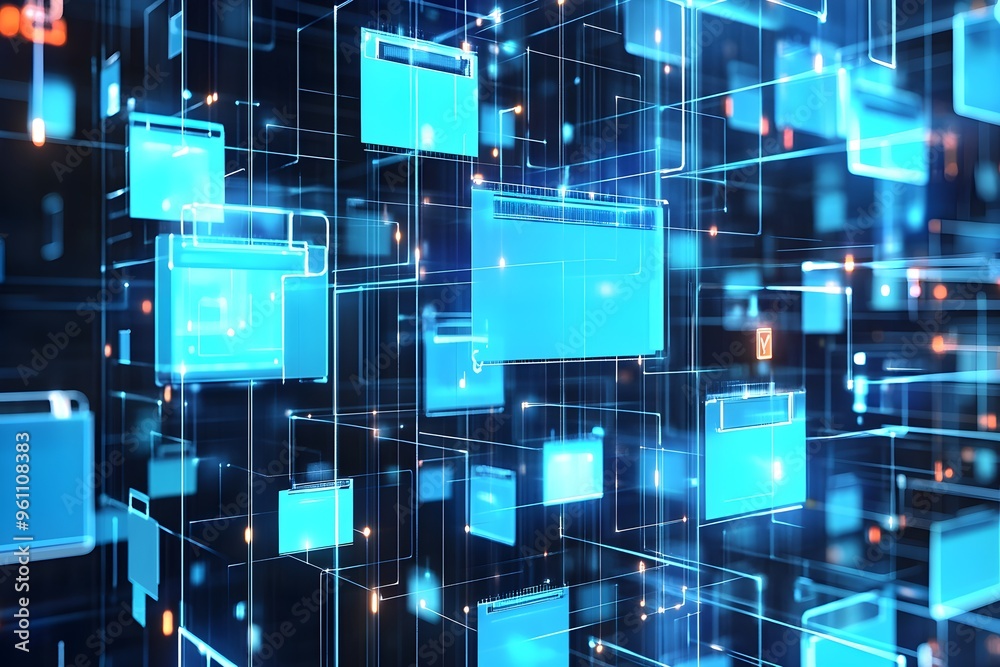 Abstract network grid with files and folders, futuristic software ...