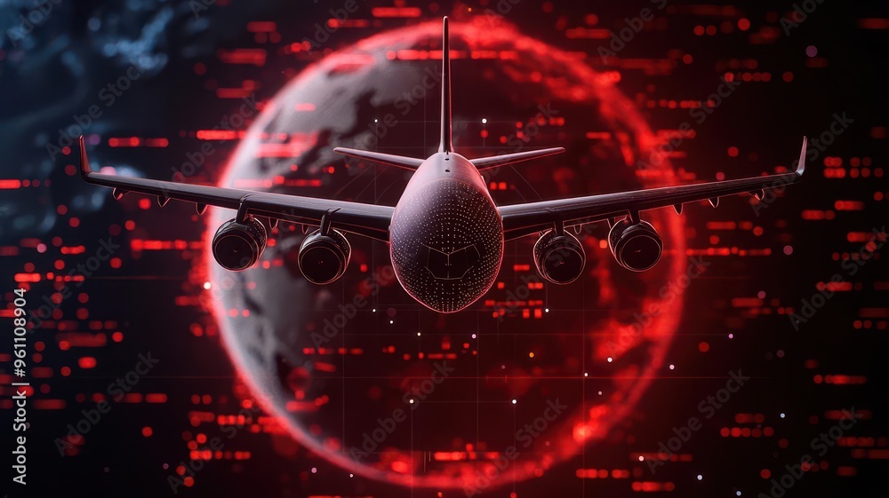 Holographic map of global air routes with highlighted data breaches and ...