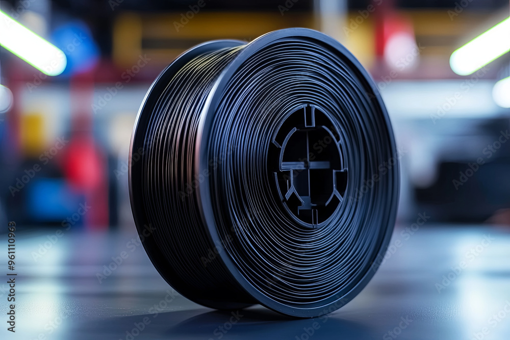 3D printing technology. 3D printing filament background. Black PLA wire ...