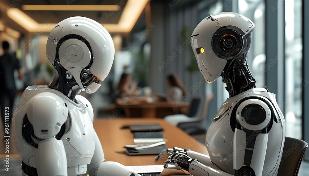 Futuristic job interview showcasing human candidate and AI robot ...