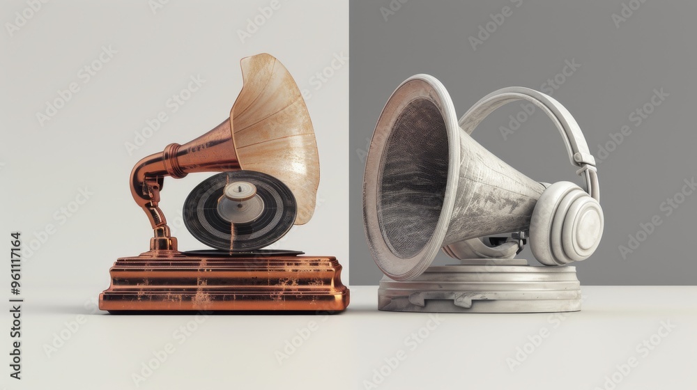 This image showcases a side-by-side comparison of a vintage phonograph ...