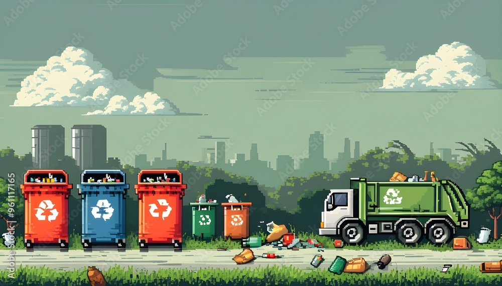 Pixelated depiction of waste management highlighting recycling bins ...