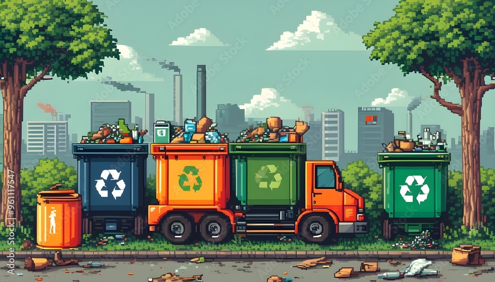Pixelated depiction of waste management highlighting recycling bins, garbage trucks, and eco ...