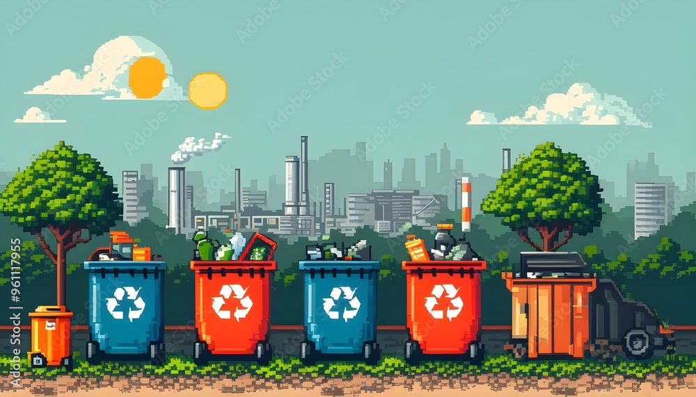Pixelated depiction of waste management highlighting recycling bins ...