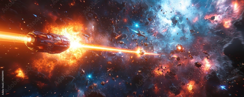 3D Cartoon Space Battle with dynamic laser beams, vibrant starships ...