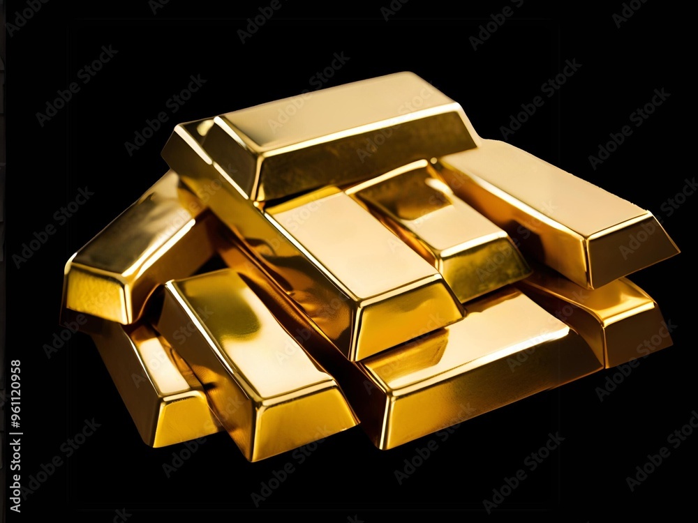 Gold bars of various sizes are stacked together in a group, reflecting light and sparkling on ...