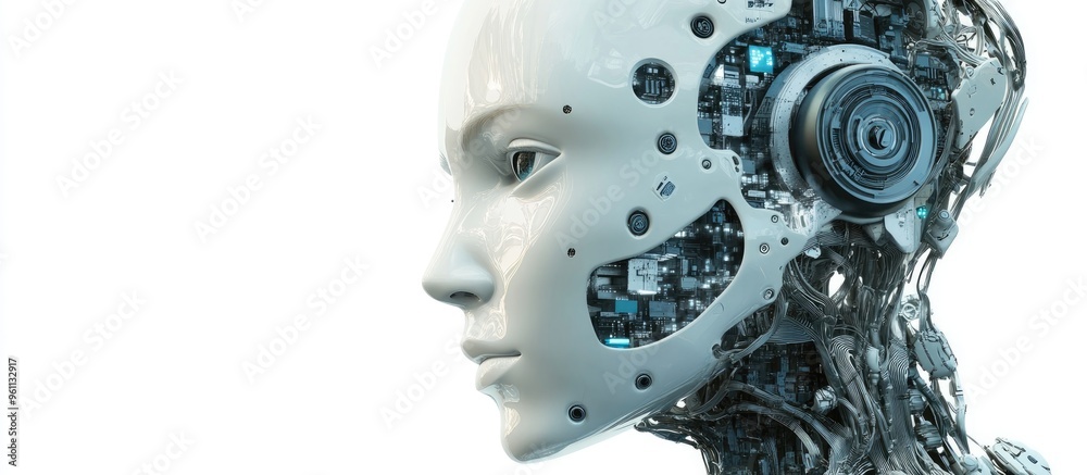 3D rendering of a segmented AI robot head featuring a digital graphic brain engine isolated on a ...