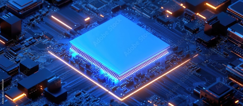 Illuminated blue computer chip on a motherboard Graphics processor for ...