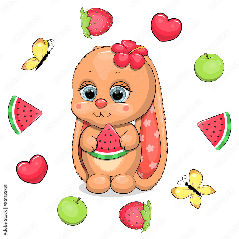 Cute cartoon baby rabbit with red flower and watermelon in fruit frame ...