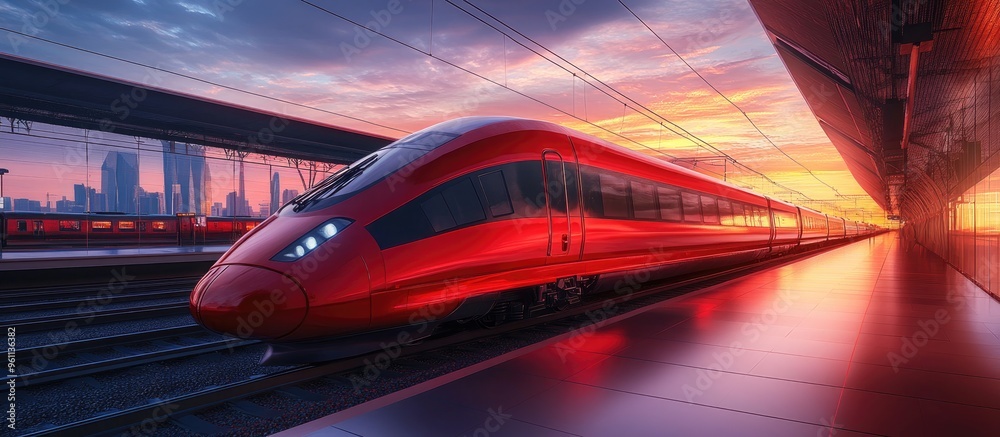 High speed train at a station during sunset A striking red modern ...
