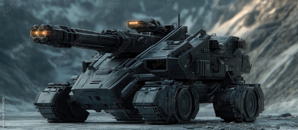 Futuristic war machine designed for offensive and defensive capabilities in future conflicts ...