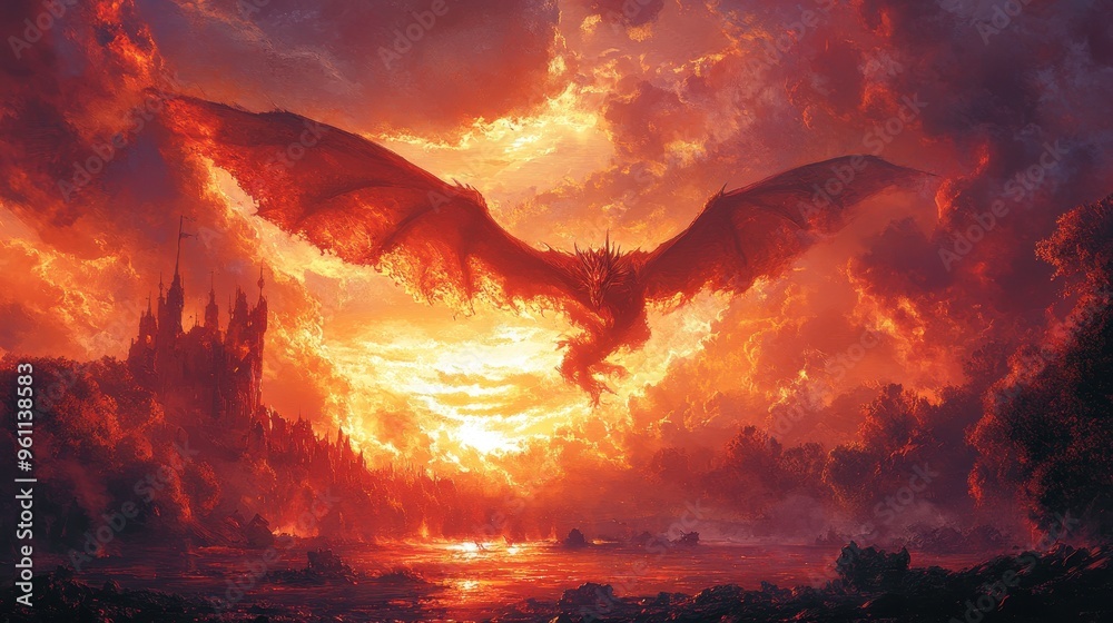 The birth of a new legend under a fiery sunset, with mythical creatures ...