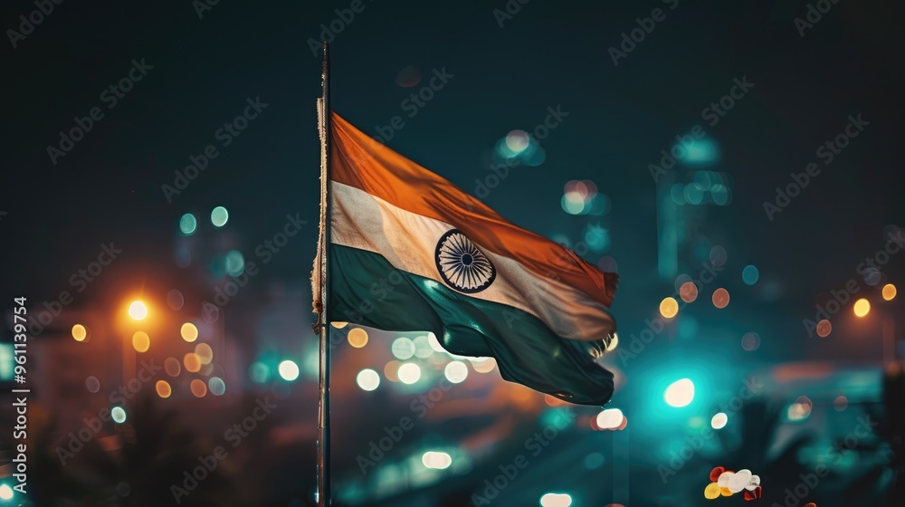 A stunning and detailed cinematic shot of the Indian flag waving in an ...