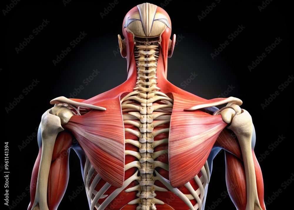 A 3D model of the scapula bone and surrounding muscles, including the ...