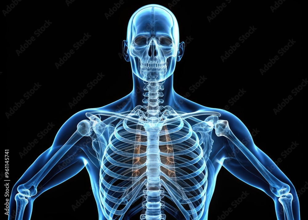 A detailed, high-contrast X-ray image of the human skeletal system ...
