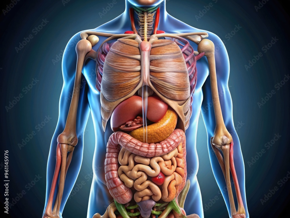 A detailed illustration of the human midsection, showcasing internal ... A detailed illustration of the human midsection, showcasing internal ...