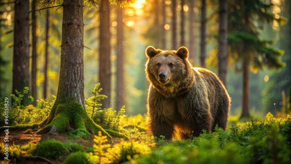 A majestic brown bear roams freely in a lush, green forest, its ...