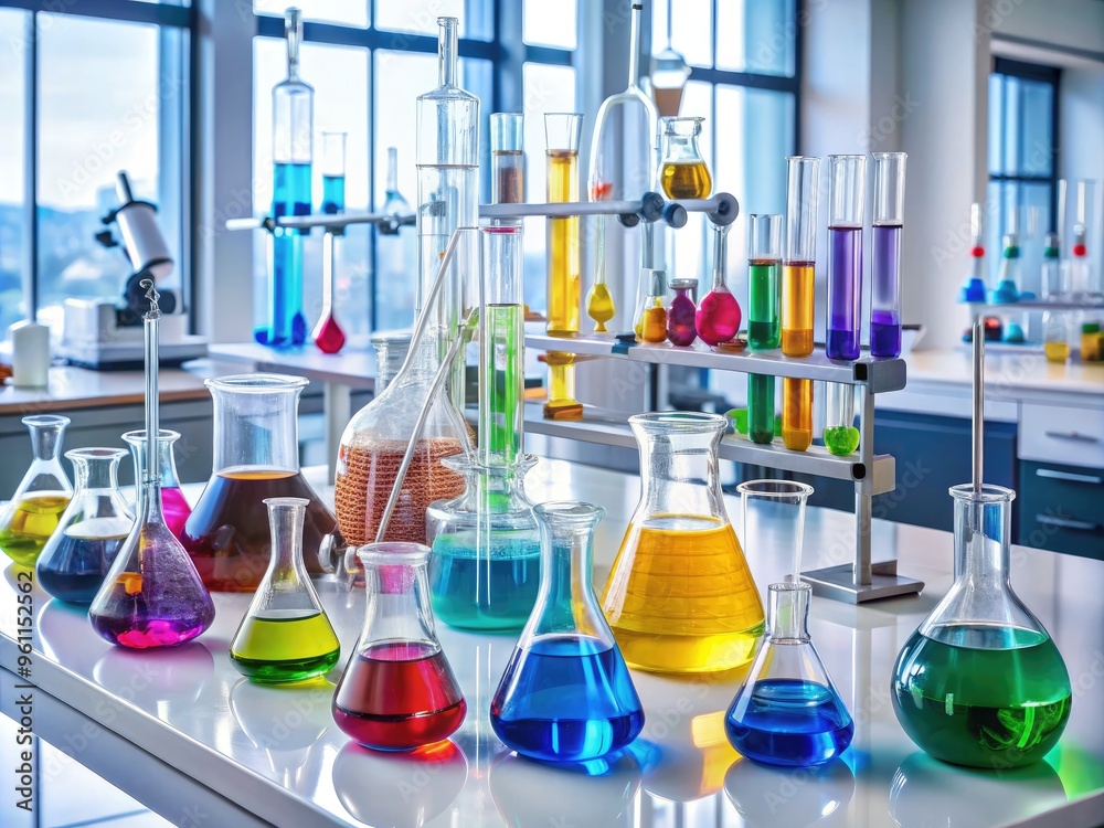 A modern laboratory workstation equipped with beakers, flasks, pipettes ...