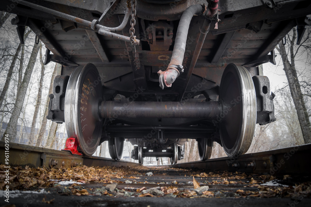 Wheel pairs of a freight railway car. Wheeled trolley of a train car ...