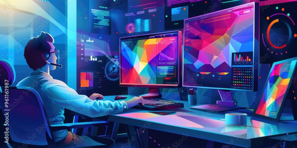 A graphic designer works at a computer while a holographic AI muse ...