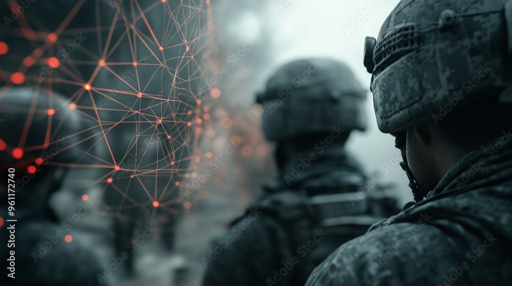 Digital Warfare: Soldiers in camouflage, backlit by a futuristic ...