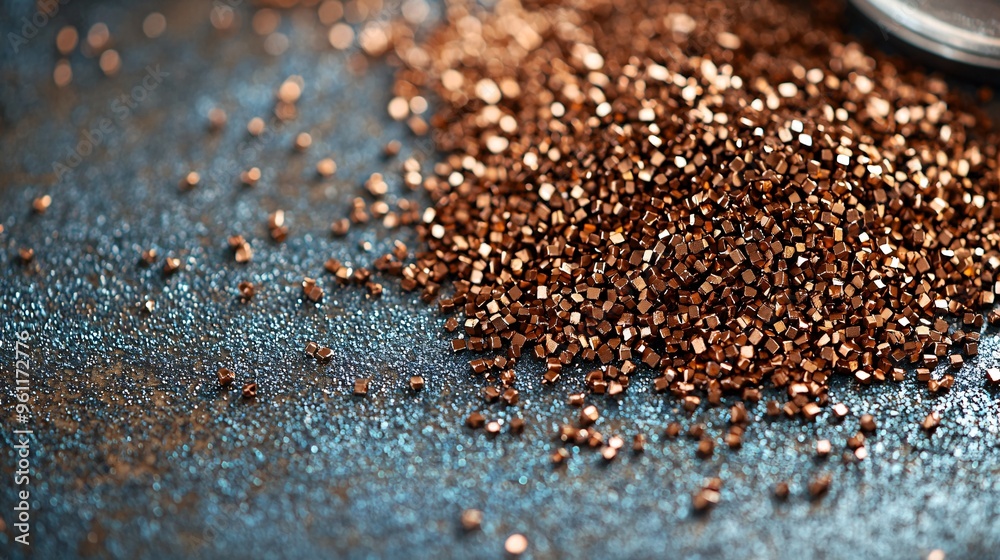 Metallic granules exhibit their lustrous texture on a surface ...