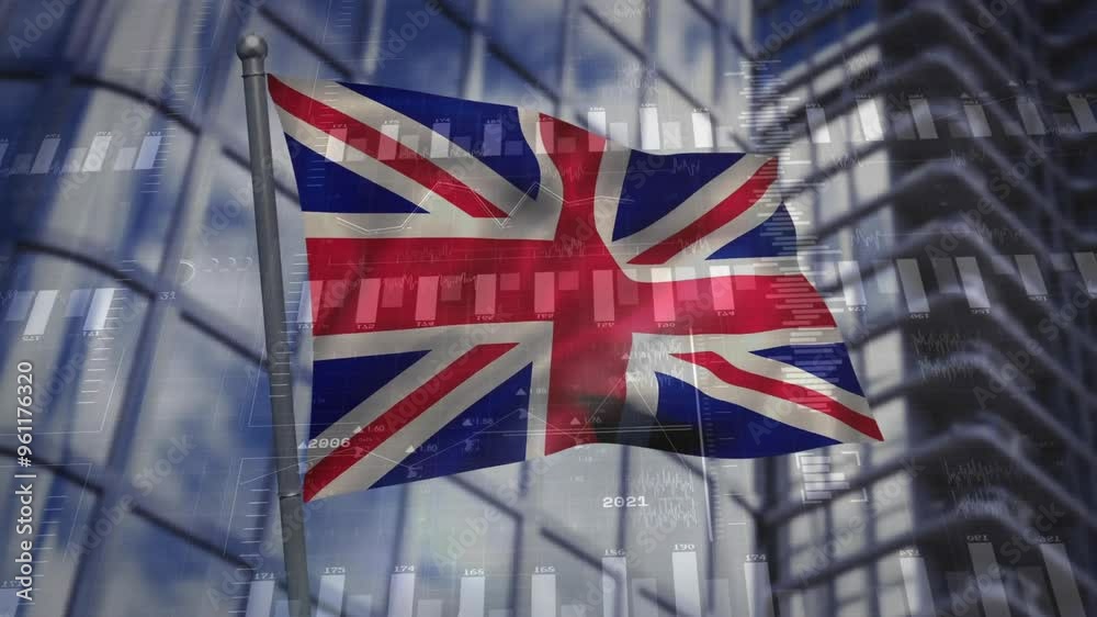 Union Jack flag waving over financial data charts and skyscraper animation Stock Video | Adobe Stock