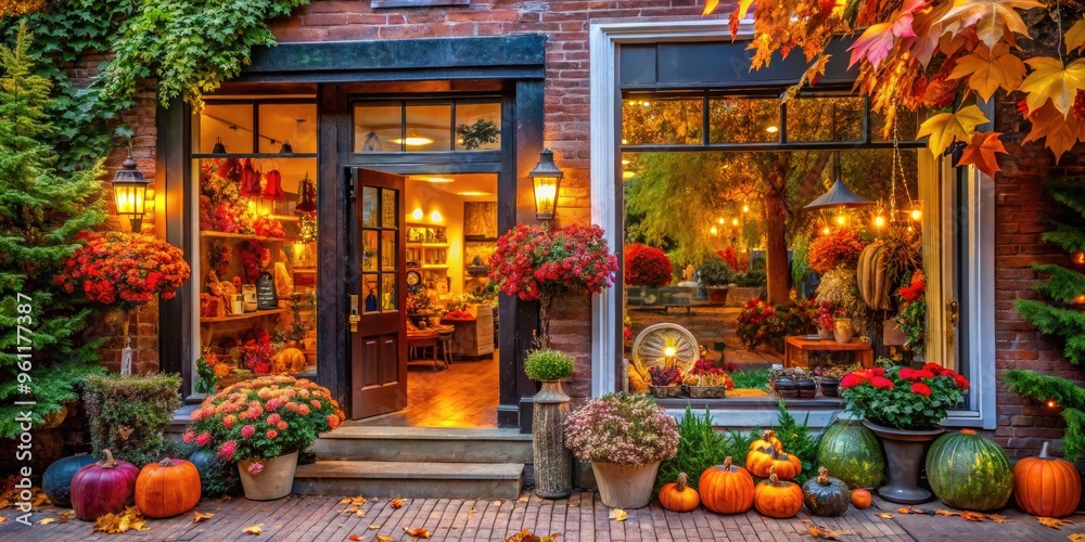 Cozy storefront with festive decorations and twinkling lights ...