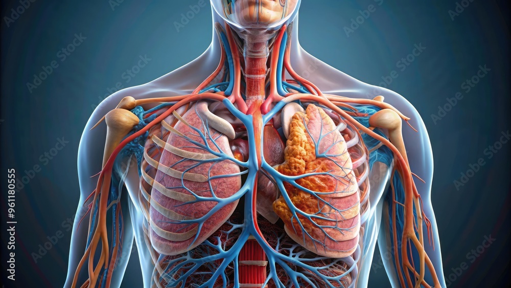 Detailed 3D anatomical model of human lungs, precisely labeled with ...