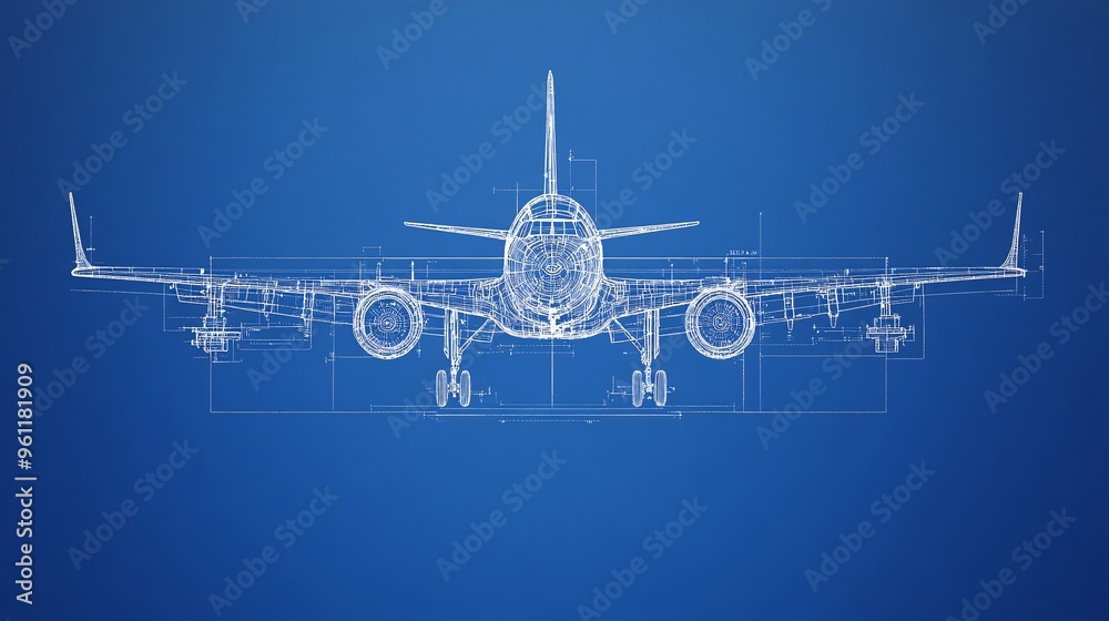 Aerospace engineering aircraft blueprint with cockpit controls and ...