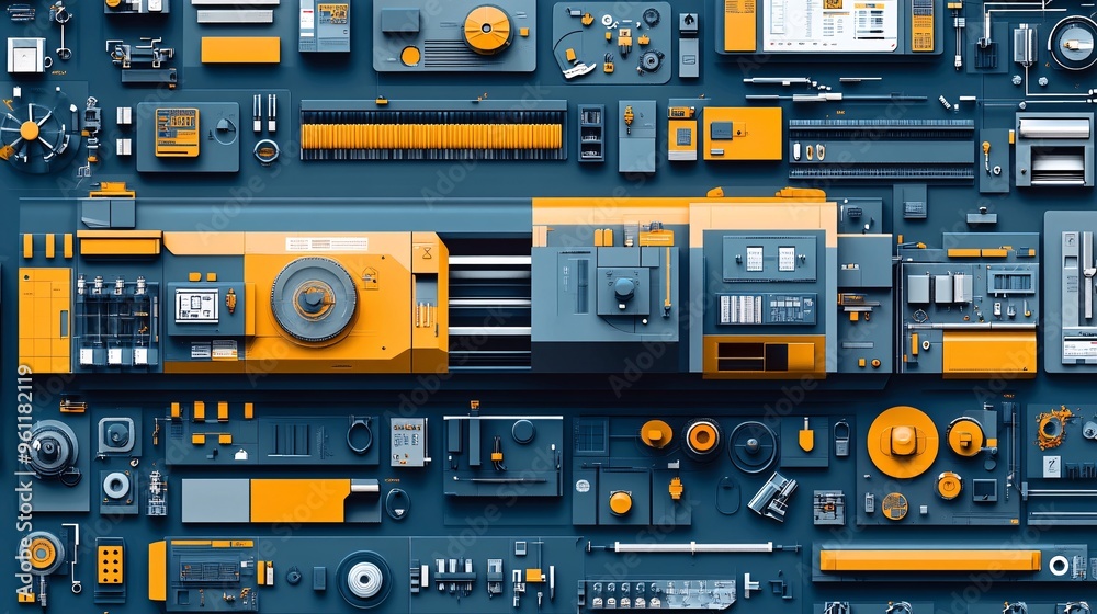 Industrial engineering schematic of production machinery and factory ...