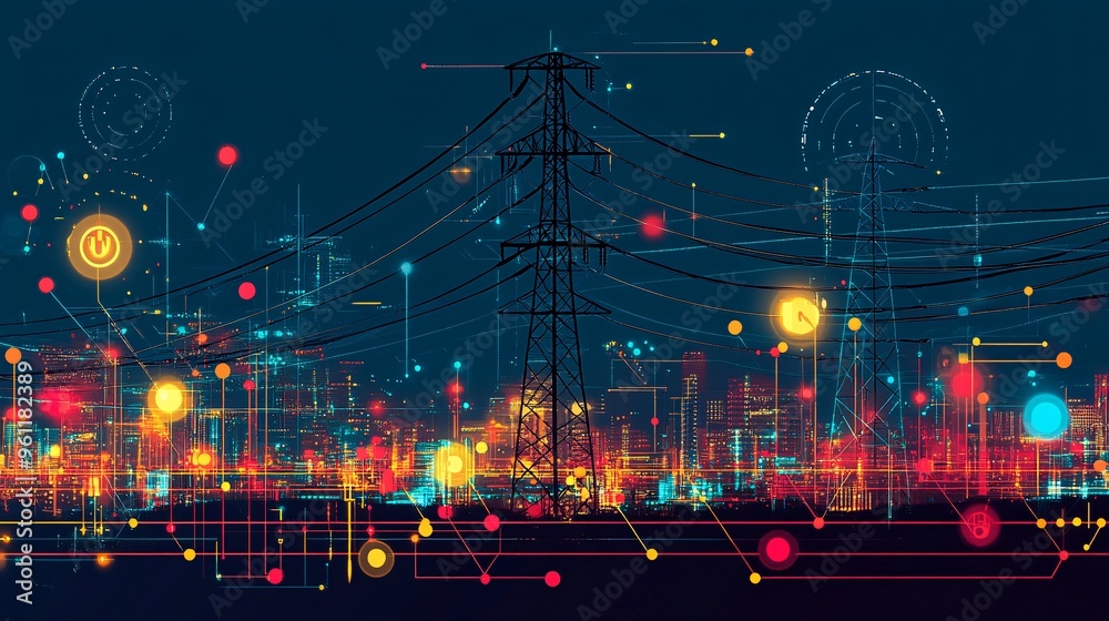 Electrical engineering smart grid system with power lines and energy ...