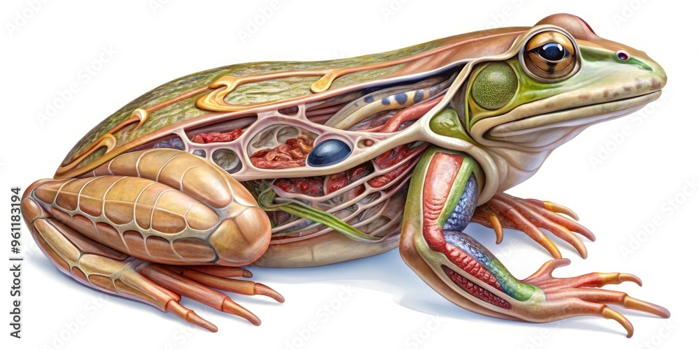 Detailed illustration of a dissected frog with labeled internal organs ...