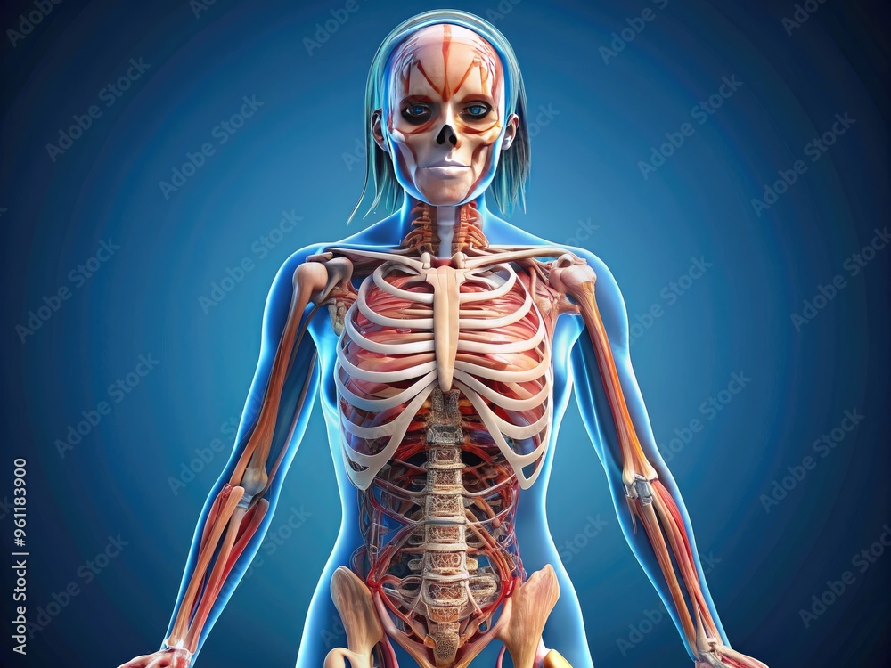 Detailed illustration of female skeletal system with labeled bones, muscles, and organs ...